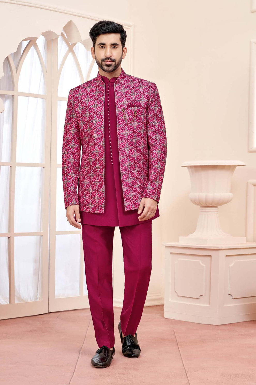 Buy Royal Dark Pink Jodhpuri Set With Embroidered Jacket Online ...