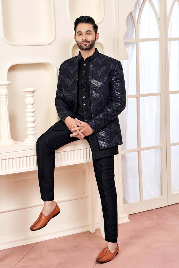 Black Jodhpuri Set With Shimmery Embroidered Jacket For Men – Ethnic ...